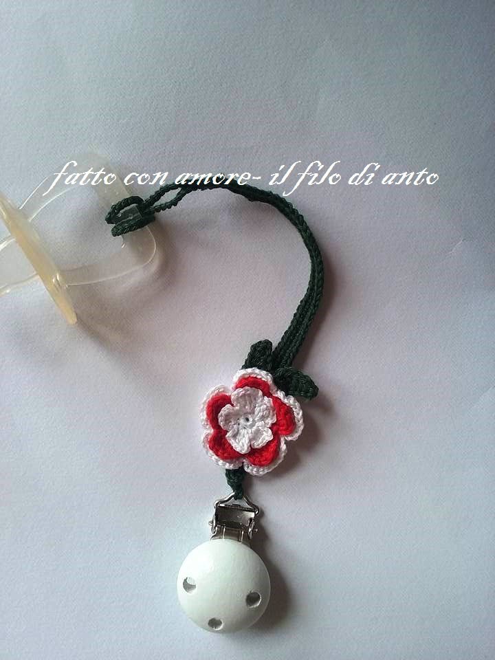 Catenella porta ciuccio bambina con fiore bianco e rosso - Bambini ...