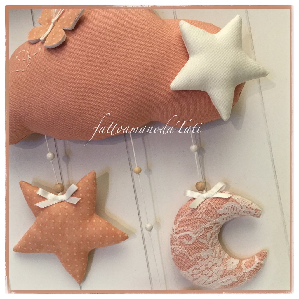 Fiocco nascita nuvola in cotone color rosa salmone con stelle,luna ...
