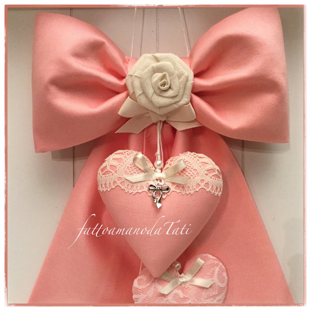 Fiocco nascita in cotone rasato rosa salmone con rosellina di lino ...