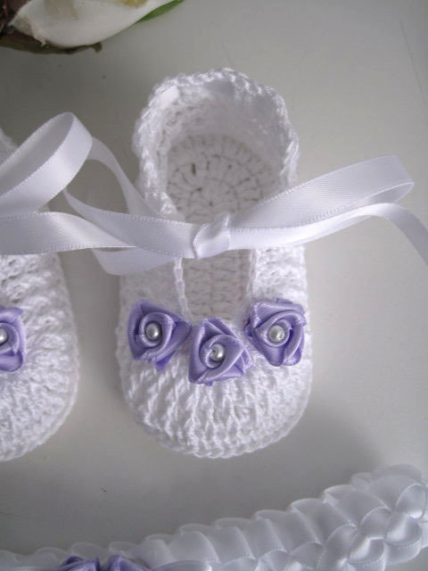 Scarpine scarpette bianche/rose lilla neonata fatte a mano battesim ...