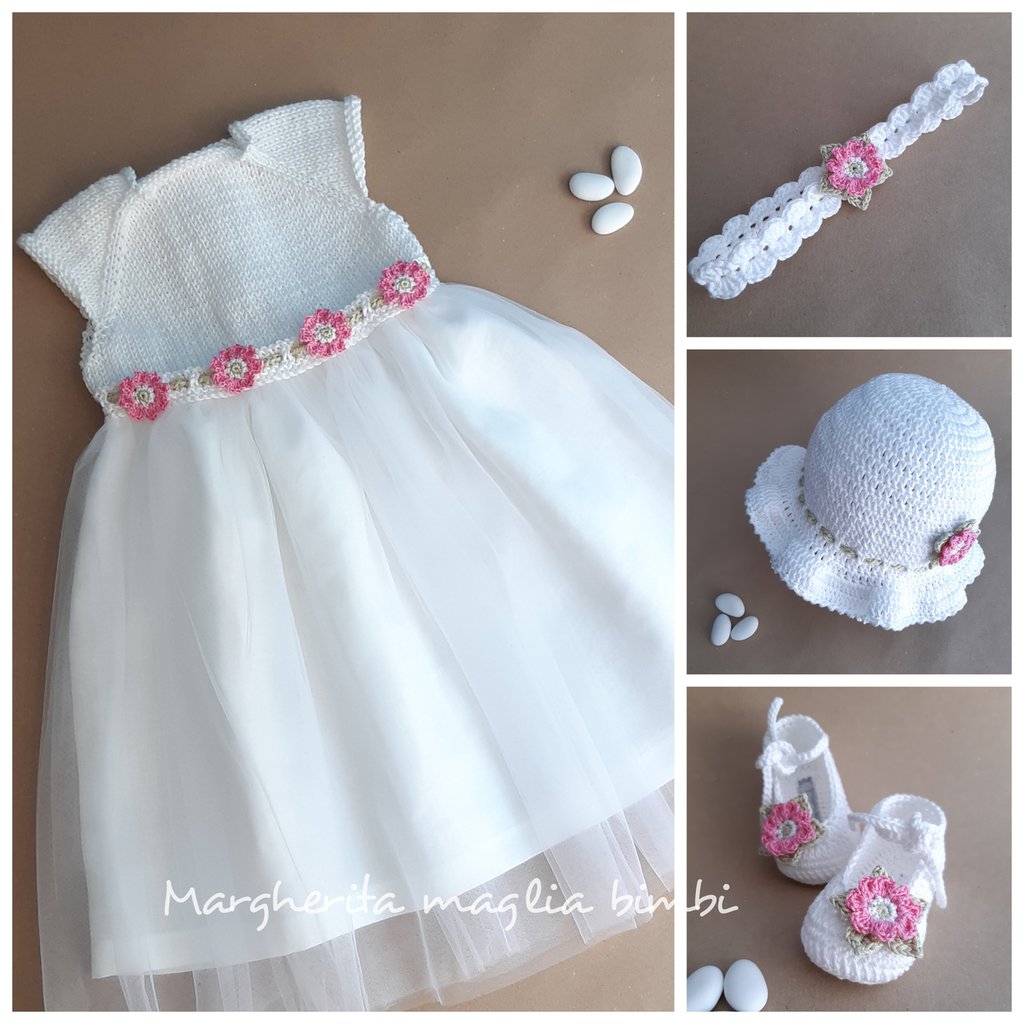 Abito vestito vestitino Battesimo bambina puro cotone, lino, tulle ...