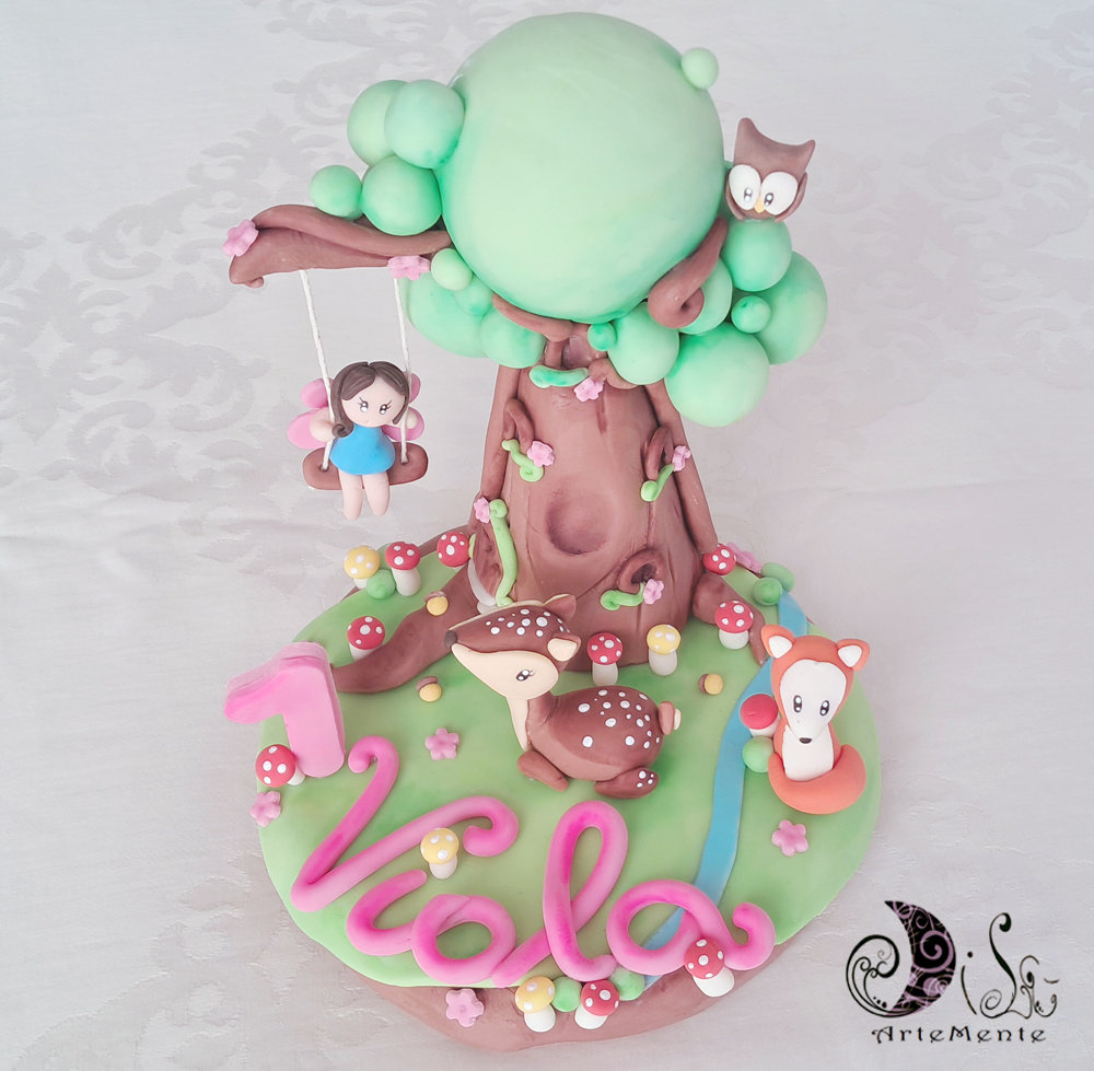 Cake topper albero del bosco fatato con fata in altalena - Cake de ...