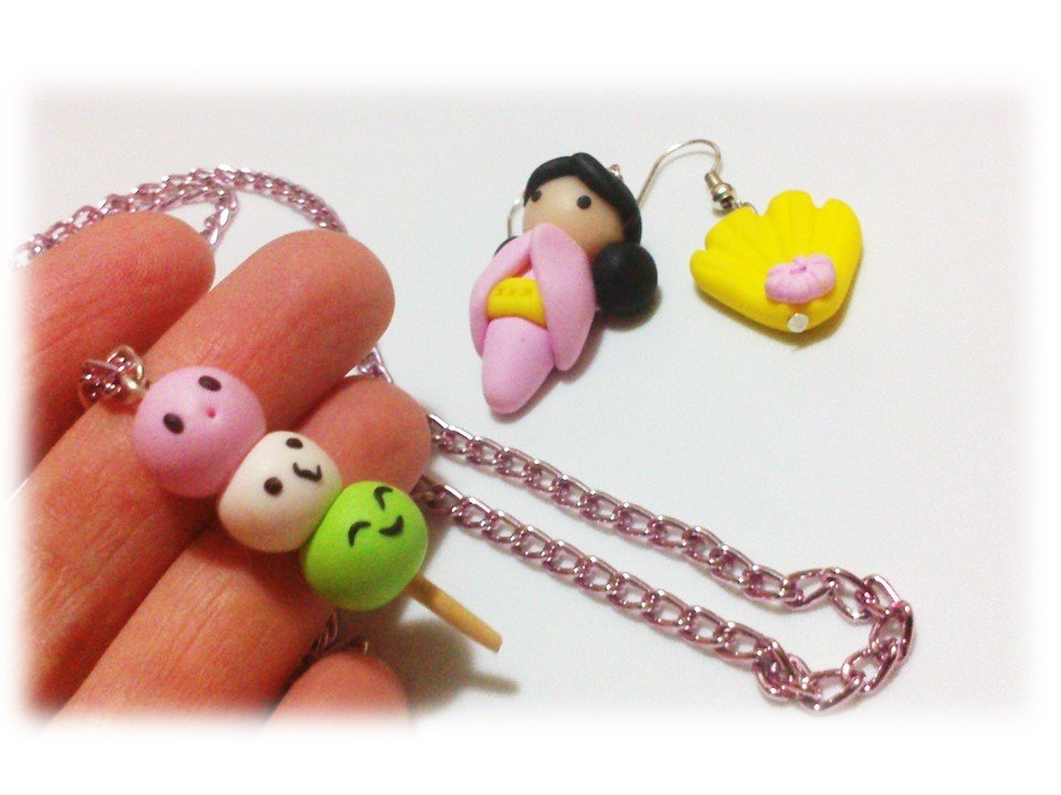 Collana Hanami Dango e orecchini kokeshi doll con ventaglio fimo Ja ...