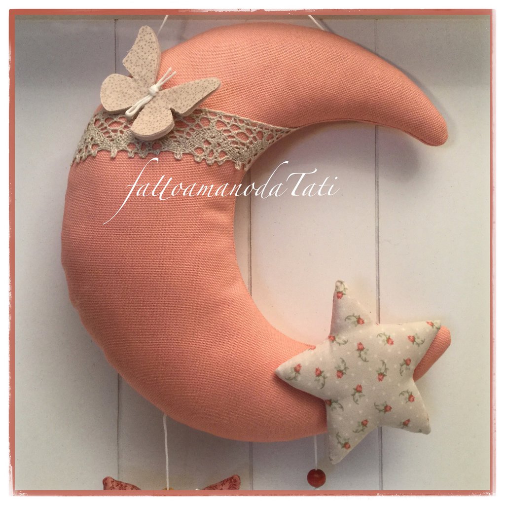 Fiocco nascita luna in cotone rosa salmone con farfalla,stelle e cu ...