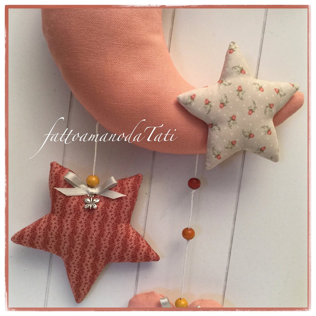 Fiocco nascita luna in cotone rosa salmone con farfalla,stelle e cu ...